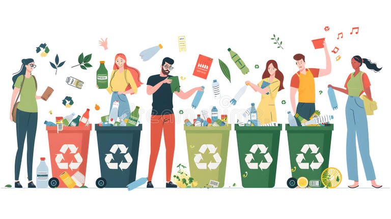 Recycling. Flat Vector Illustration of People Sorting Garbage in ...
