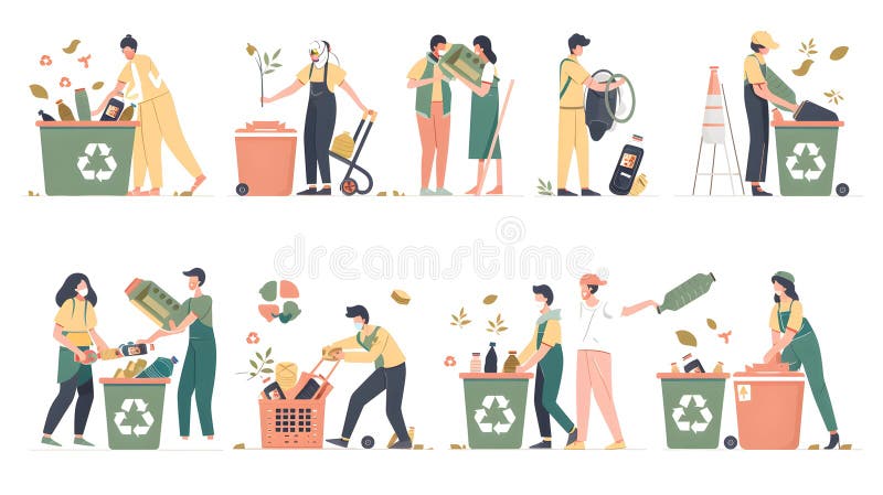 Recycling. Flat Vector Illustration of People Sorting Garbage in ...