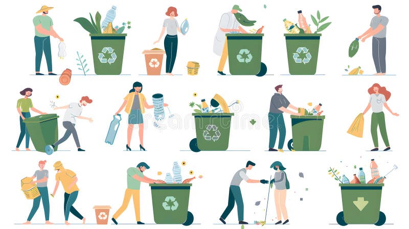 Recycling. Flat Vector Illustration of People Sorting Garbage in ...