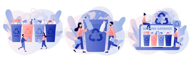 Recycling Garbage. Tiny People Sorting Garbage Waste in Containers for ...