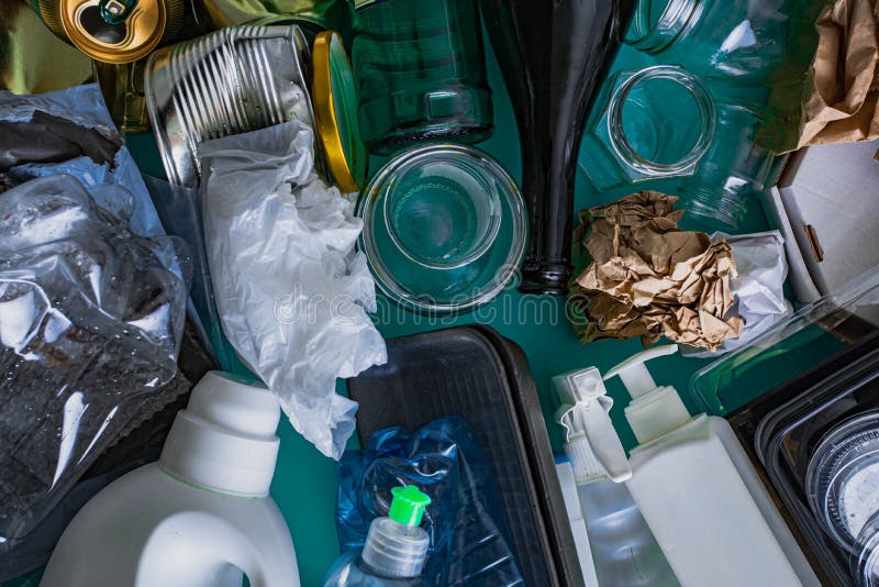 Recycling Garbage Top View on the Blue Stock Image - Image of water ...