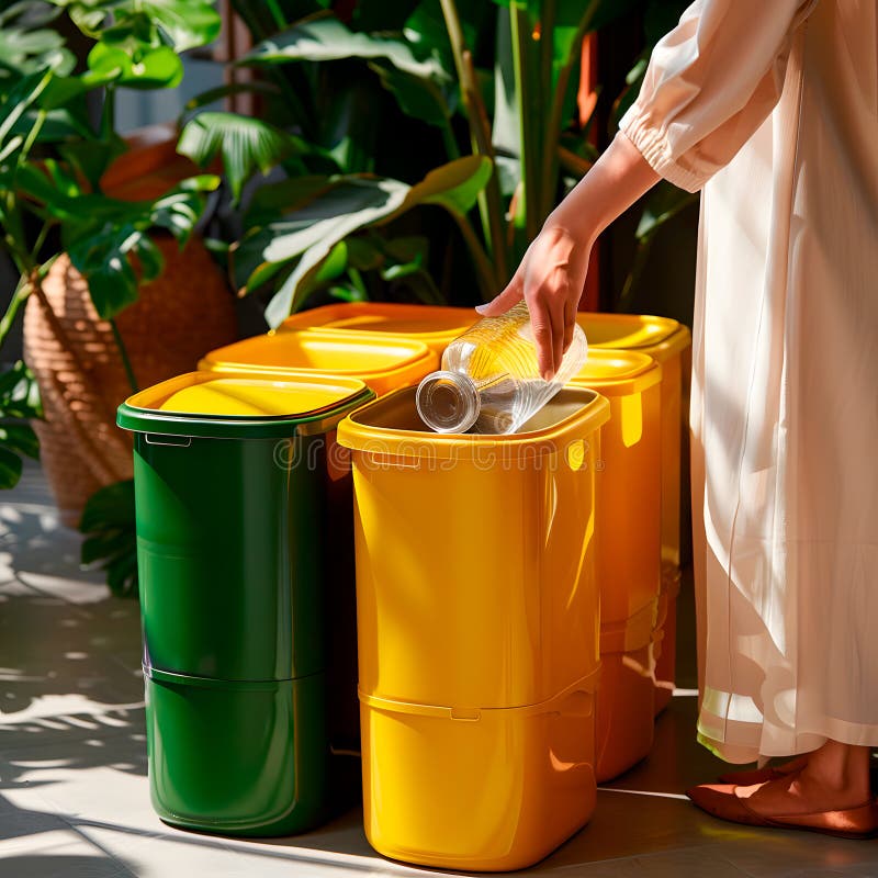 Recycling Habits: Sorting Waste into Color-coded Bins Outdoors Stock ...