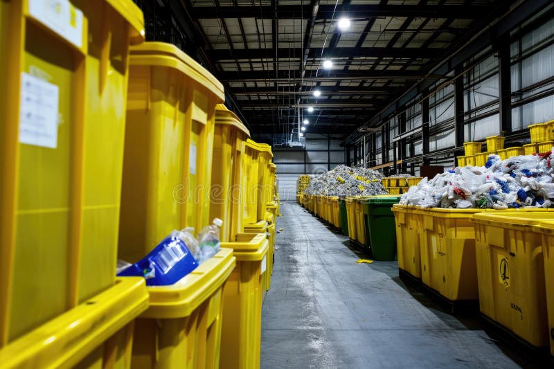 Recycling. Interior of a Warehouse with Yellow Plastic Boxes and ...
