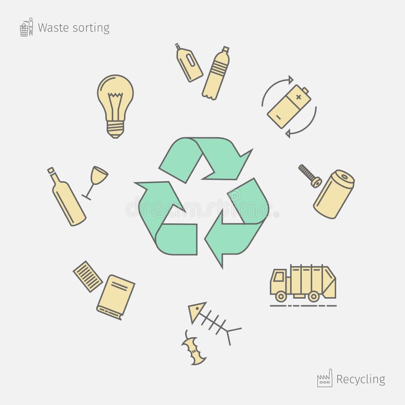 Recycling Banner. Line and Flat Icons. Waste Sorting Set. Vector ...