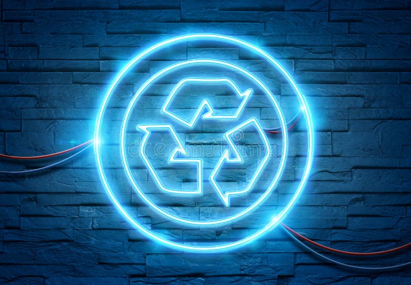 Recycling Neon Icon Illuminating a Brick Wall with Blue Glowing Light ...