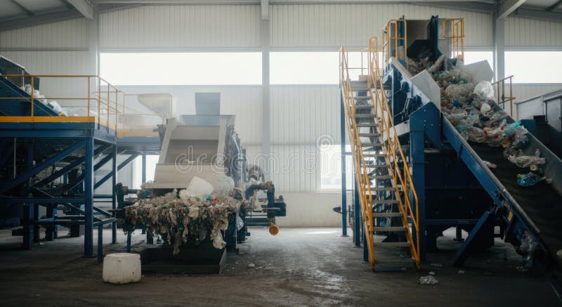 Recycling Plant Interior with Plastic Waste Processing Machinery and ...