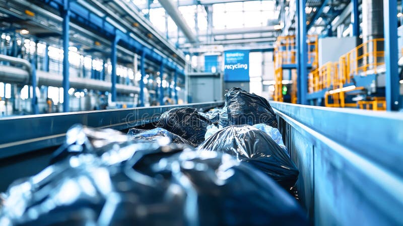 The Recycling Plant Operates As Black Plastic Bags Move Along a ...