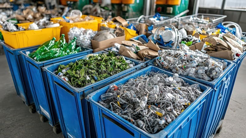Recycling Plant Operations with Sorted Material Bins Industrial ...