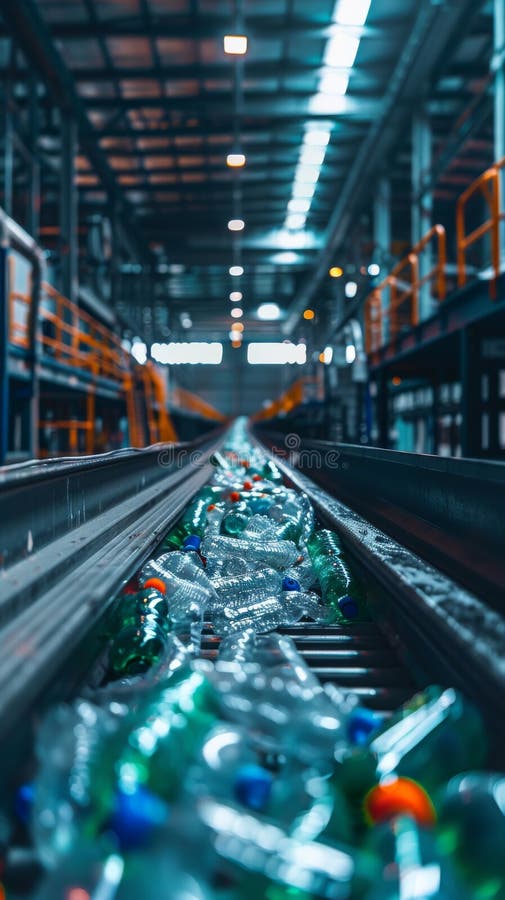 Recycling Process of Plastic Bottles in a Factory with Bright Lights ...