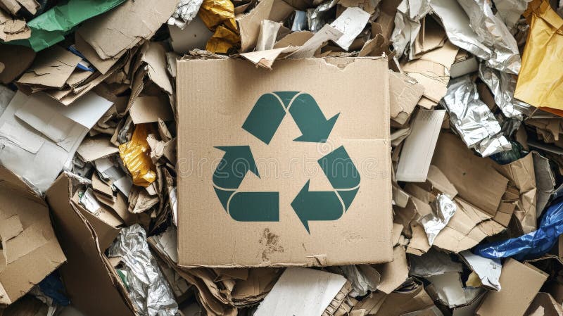 Recycling Symbol on Cardboard among Paper Waste Stock Illustration ...