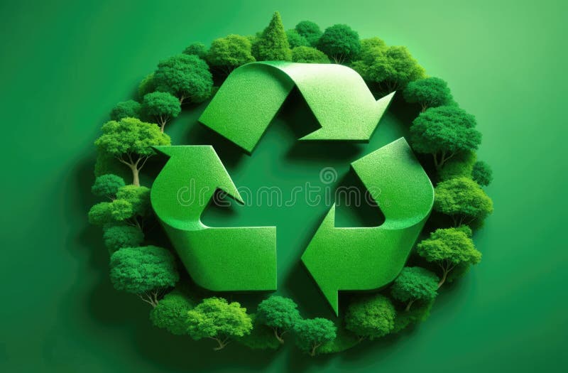A Recycling Symbol in Green with a Circle of Lush Trees Against a Solid ...