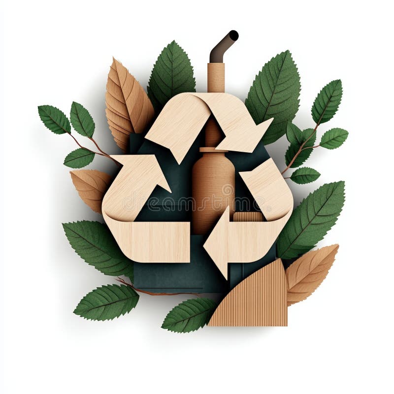 Recycling Symbol with Wooden Elements and Leaves Stock Illustration ...