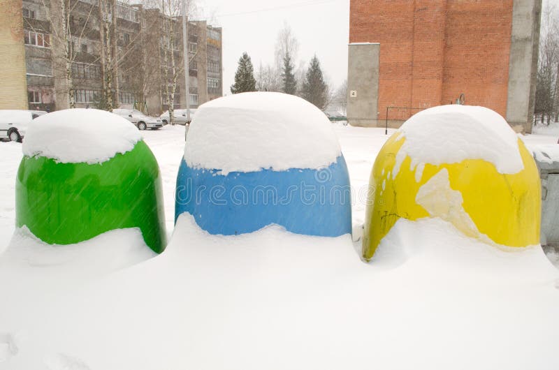 Recycling Waste Container Bin Winter Snow House Stock Photo - Image of ...