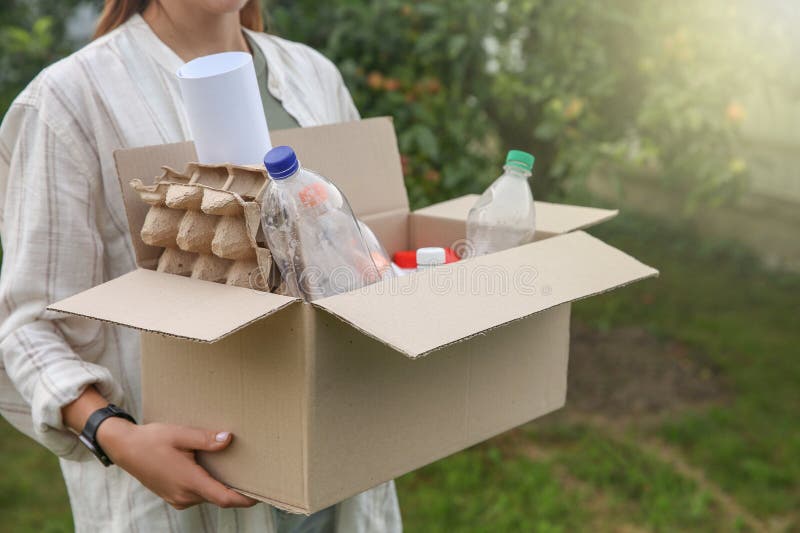 Recycling Woman Holding Cardboard Box Different Garbage Outdoors ...