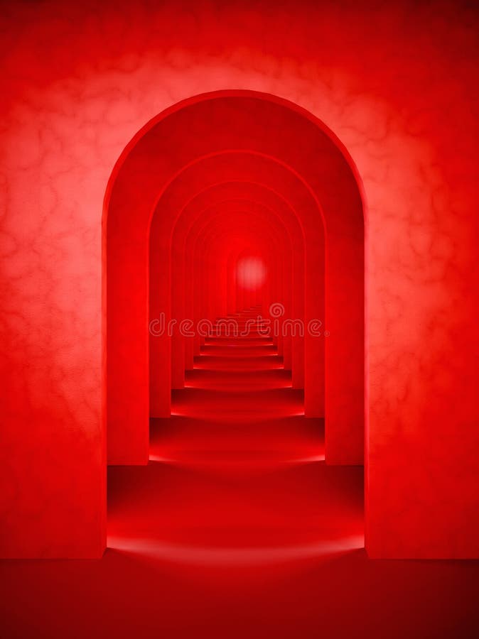 Red Abstract Surreal 3d Render. Surrealistic Arch Corridor Red ...
