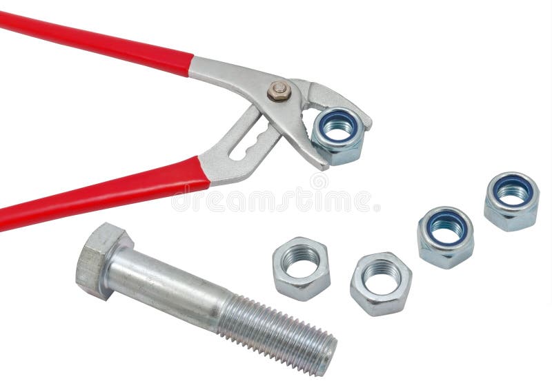 Red Adjustable Wrench Holding Bolt Stock Photo - Image of pliers, metal ...