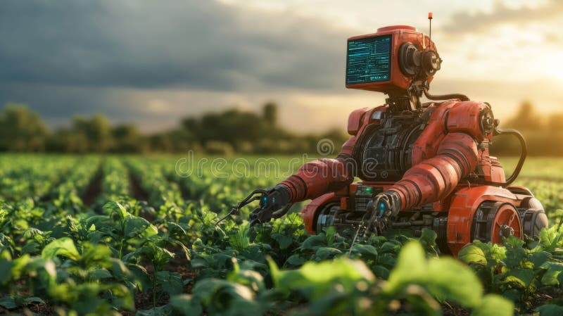 Red Agricultural Robot Working in a Green Field at Sunset Stock ...