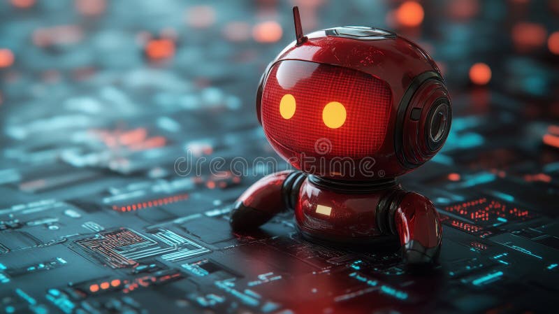 Red AI Robot with Glowing Eyes on Futuristic Circuit Board Background ...