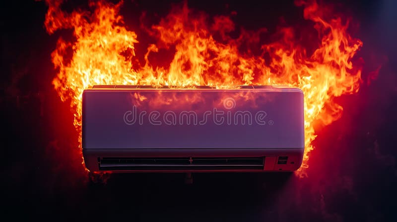 A Red Air Conditioner on Fire with a Black Background Stock Image ...