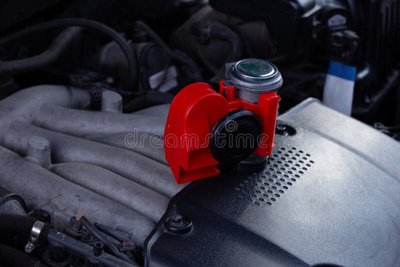 Red Air Horn for a Car on a Car Engine. Electric Car Air Horn Stock ...
