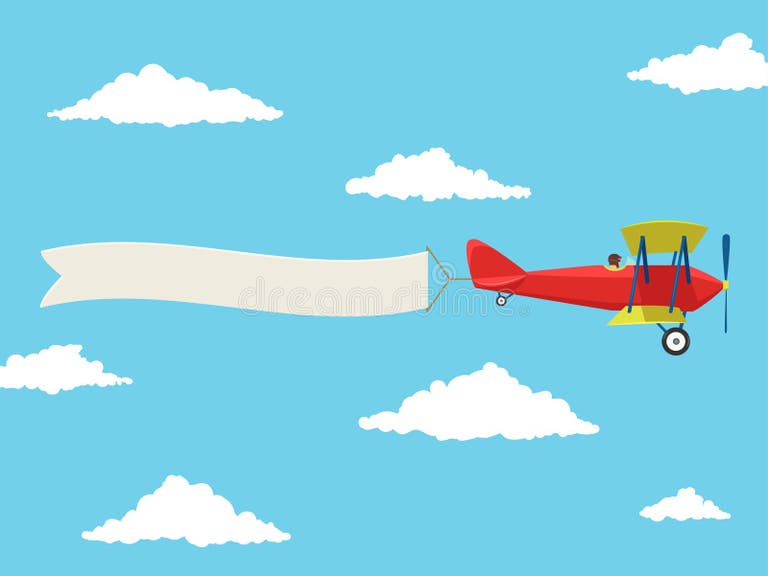 Red Airplane with Pilot and Advertising Banner in the Cloudy Sky Stock ...