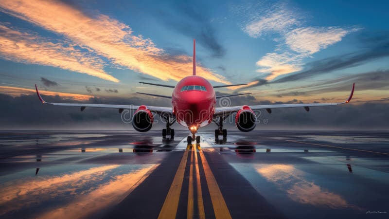 A Red Airplane on Runway with Clouds in the Background, AI Stock Image ...