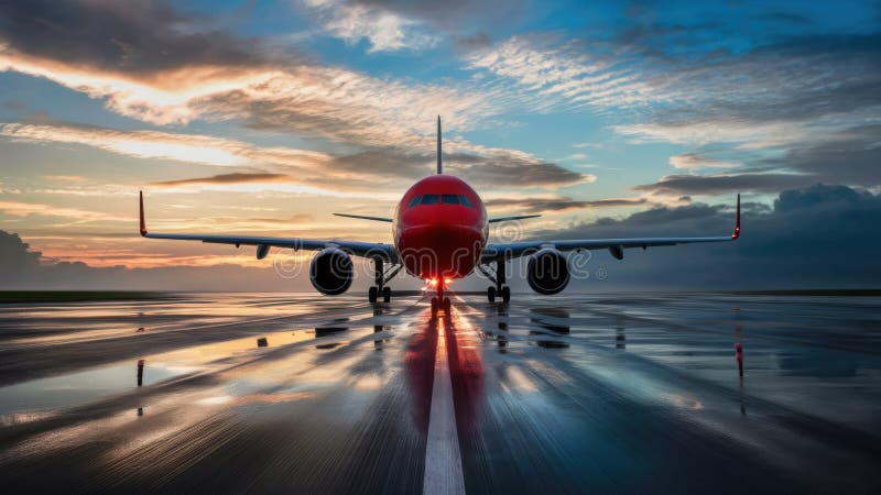 A Red Airplane on Runway at Sunset with Clouds in the Background, AI ...