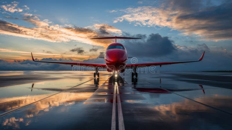 A Red Airplane Sitting on a Runway with Clouds in the Background, AI ...