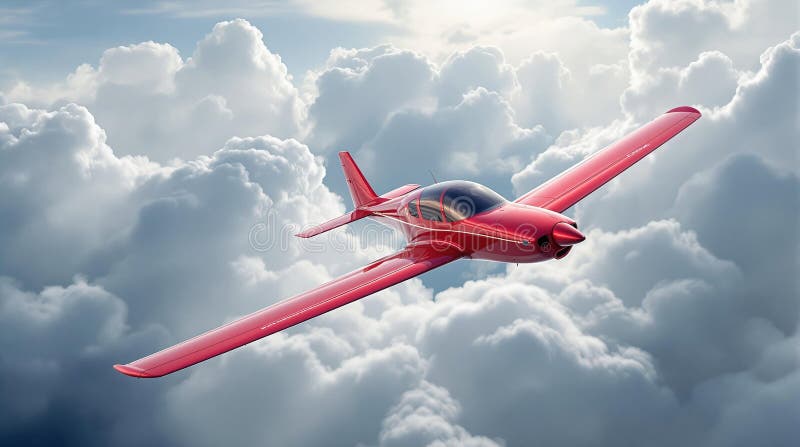 Red Airplane Soaring through Dramatic Cloudscape in Bright Sky Stock ...