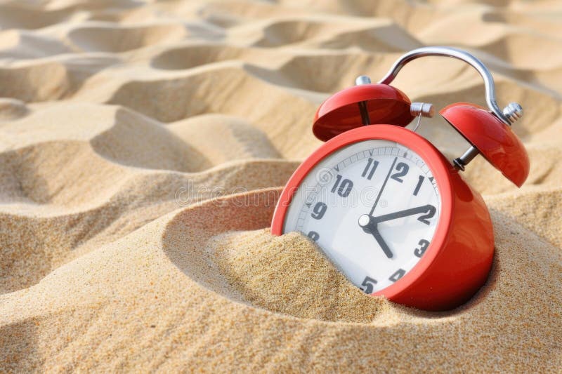 A Red Alarm Clock, Half-buried in Soft, White Sand, Its Hands Frozen in ...