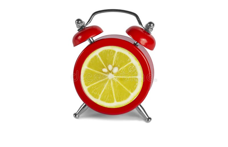 Red Alarm Clock without Numbers and Sliced â€‹â€‹lemon on White ...