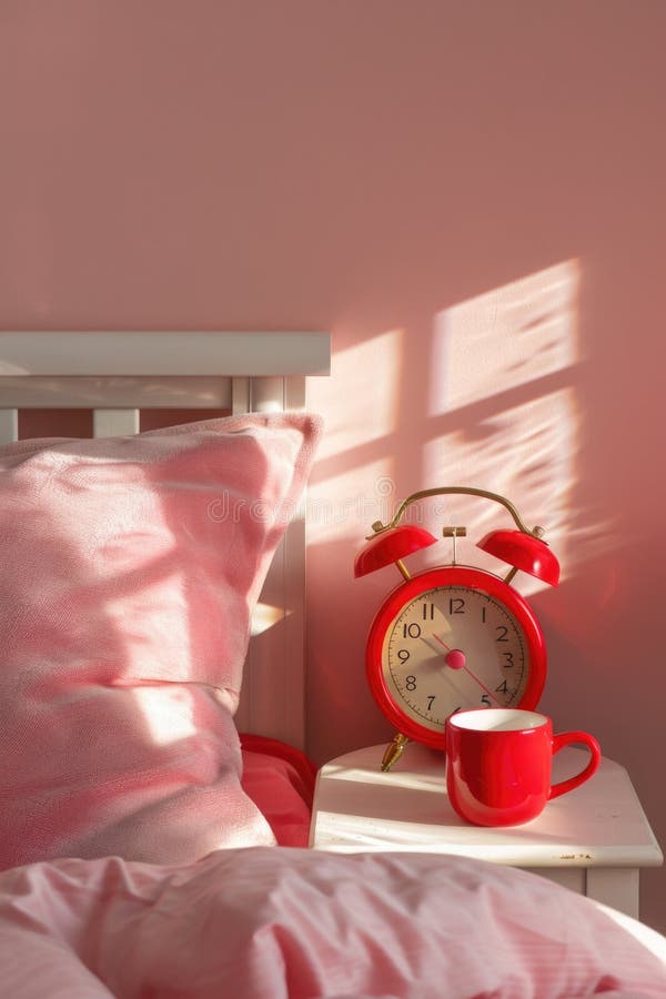A Red Alarm Clock Resting on a Bed. Suitable for Time Management ...