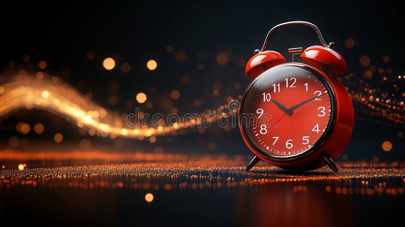 A Red Alarm Clock Sits on a Reflective Surface, Set Against a Backdrop ...