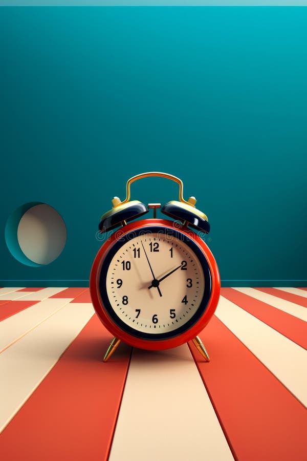 Red Alarm Clock Sitting on Top of Striped Floor. Generative AI Stock ...