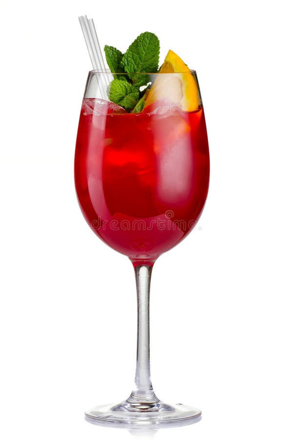 Red Alcohol Cocktail (Hugo) with Orange and Mint Isolated Stock Photo ...
