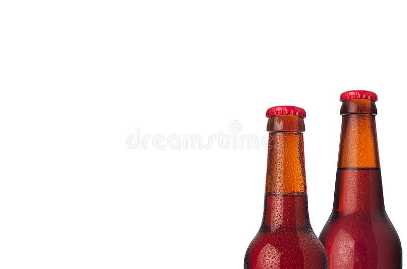 Red Ale Beer in Bottles with Water Drops Isolated on White Background ...
