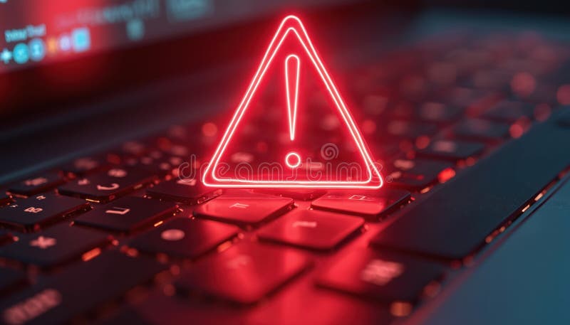 Red Alert Triangle with Exclamation Mark Over Laptop Keyboard Warns ...