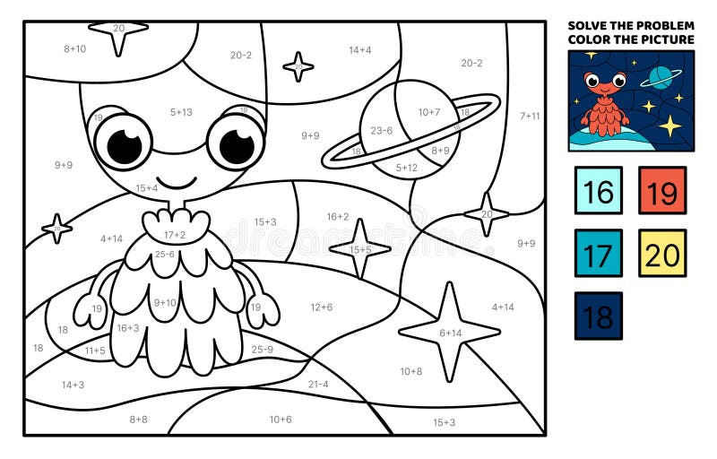 Red Alien in Space. Solve the Problem, Color the Picture. Coloring Book ...