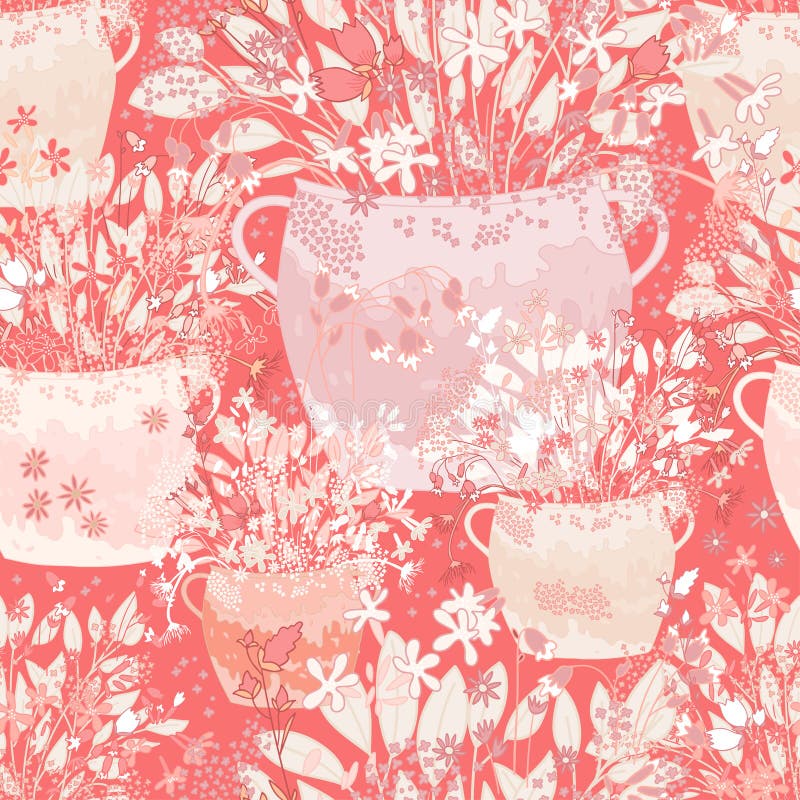 Red Allover Seamless Pattern with Potted Flowers. Scattered Overlapping ...
