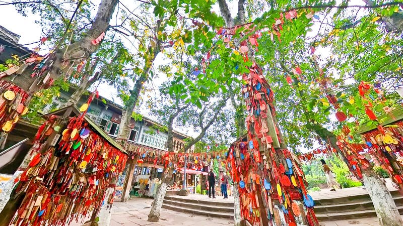 Red Amulet Wishing Prayer Flags of Blessing Hanging on Wall and Trees ...