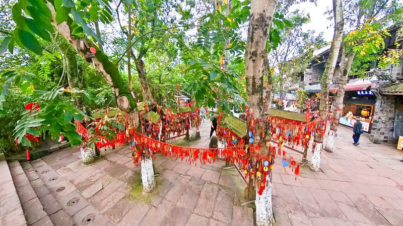 Red Amulet Wishing Prayer Flags of Blessing Hanging on Wall and Trees ...