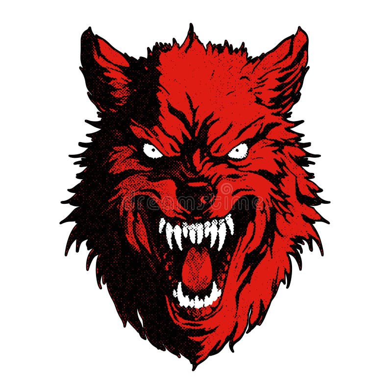 Red Angry Grinning Wolf Head, Halftone Dots Effect. Stock Vector ...