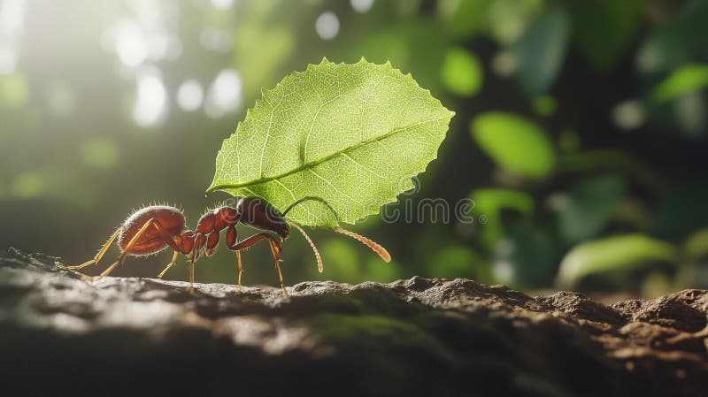Red Ant Carrying Large Green Leaf in Nature Stock Illustration ...
