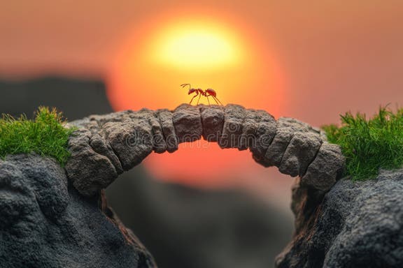 Red Ant Crossing Stone Bridge at Sunset Stock Photo - Image of ...