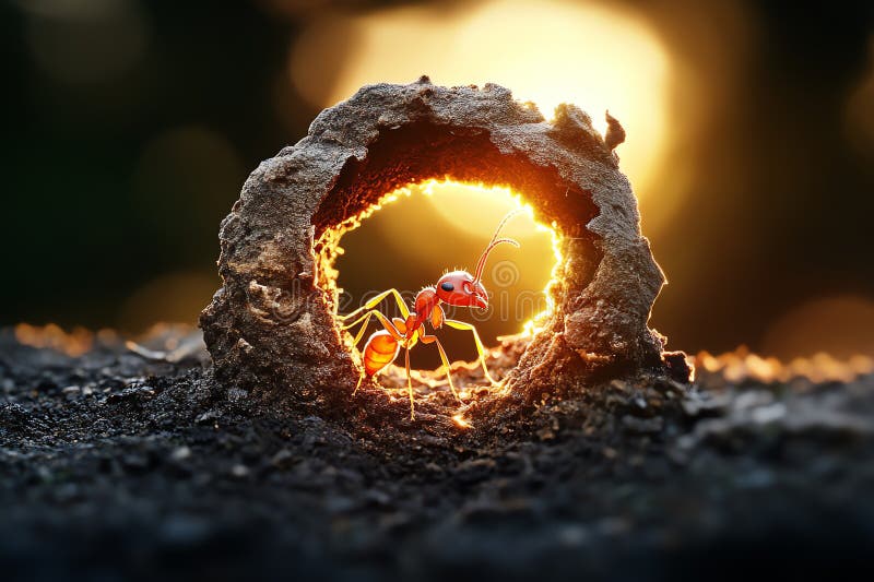A Red Ant Emerging from Its Nest, Illuminated by the Soft Glow of the ...