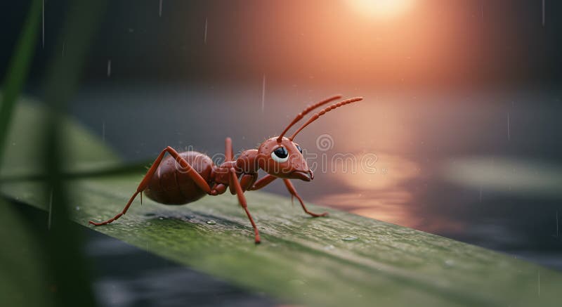 Red Ant on Leaf in Rain at Sunset 3d Render Stock Illustration ...