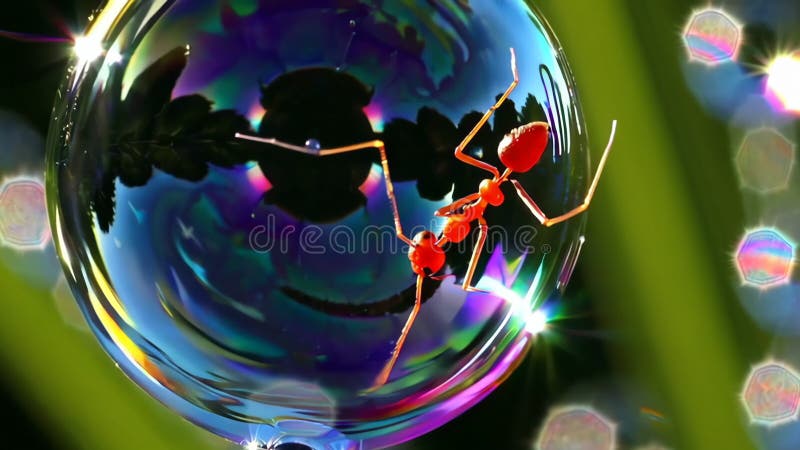 Red Ant Walking on a Soap Bubble with Rainbow Reflections Stock Footage ...