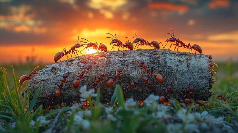 Red Ants Carrying Log at Sunset Stock Illustration - Illustration of ...
