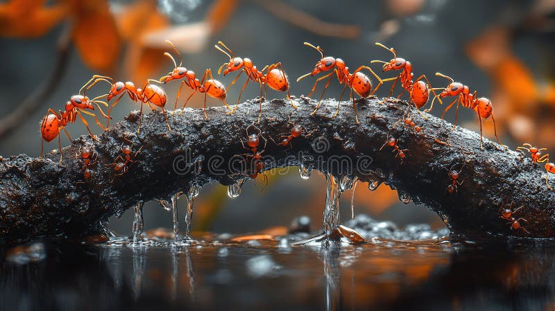 Red Ants Form a Bridge Over a Stream Stock Illustration - Illustration ...