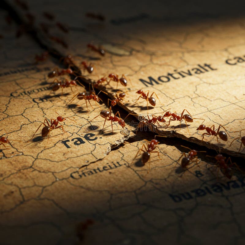 Red Ants (Formicidae) are Traversing a Cracked, Aged Map with Visible ...